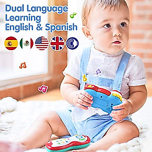 Baby Controller Toy - Bilingual Spanish & English Learning Toys, Pretend Video Game Controller & TV Remote Combo with Music and Light, Christmas Birthday Gift for Infants Toddlers 12+ Months
