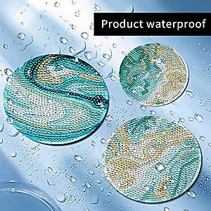 8 Pcs Diamond Painting Coasters with Holder, DIY Teal Marble Ocean Diamond Art Coasters for Drinks Diamond Painting Kits for Beginners, Diamond Art Kits Craft Supplies for Adults Kids, Coasters Gift