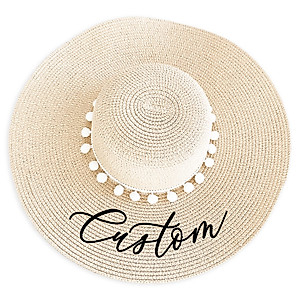 Personalized Beach Hat | Custom Tan Hat with White Poms | Women’s Floppy Hat | Mrs Honeymoon Foldable Sun Hat for Bride