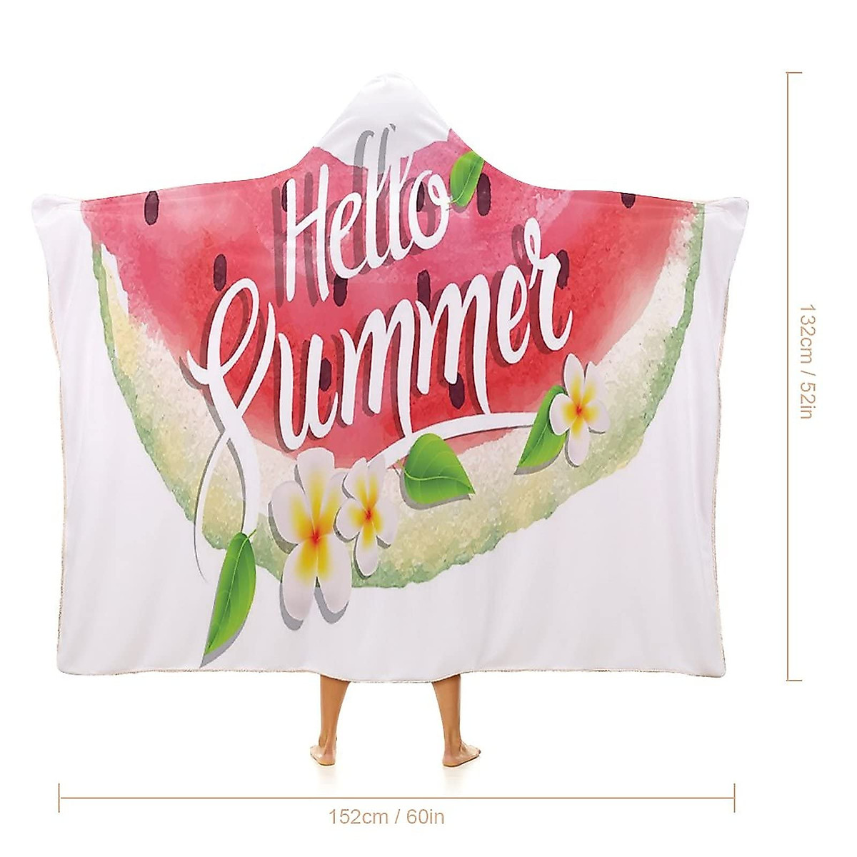 Hooded Blanket Poncho, Watercolor Decor Women Men Hooded Blanket, Hello Summer Motivational Quote with Fresh Watermelon, Soft Warm Cozy, 50 x 60inches, Studying Reading Snuggling Napping Office