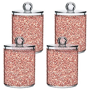 Nander 2Pack Qtip Holder Dispenser -Glittering Rose Gold Clear Plastic Apothecary Jars Set - Restroom Bathroom Makeup Organizers Containers for Cotton Swab, Ball, Pads, Floss