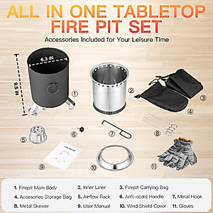 ZITYBEST Tabletop Fire Pit with Flame Control & Stand, 6.3x9.5" Low Smoke Mini Firepit for Outdoor Patio with Travel Bag & Skewer, Small Smokeless Portable Fire Bowl for Camping Yard Road Trip