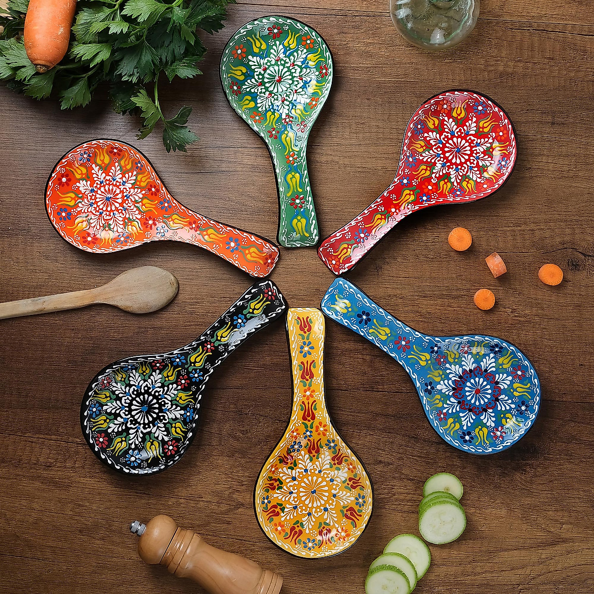 BCS Spoon Rest Set of 2 - Ceramic Spoon Holder for Stovetop & Kitchen Counter - Dishwasher Safe Handmade Kitchen Utensil (Green-Orange 4.5” W x 9" L)