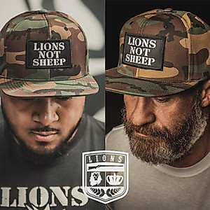 Lions Not Sheep Hat (Camo) - Mesh Back Baseball Cap - 5 Panel Trucker Cap - Trucker Hats for Men and Women - Adjustable Snapback Mesh Hat for Hiking & Fishing