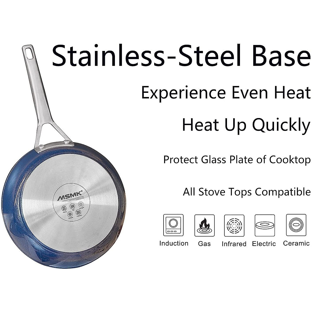 MsMk Non stick frying pan set with lid Blue, 12-inch Durable skillet, Titanium and Diamond Non Stick Non-Toxic Coating From USA, Even Heating, Easy Clean-Up, Comfort Handle, Induction Compatibility