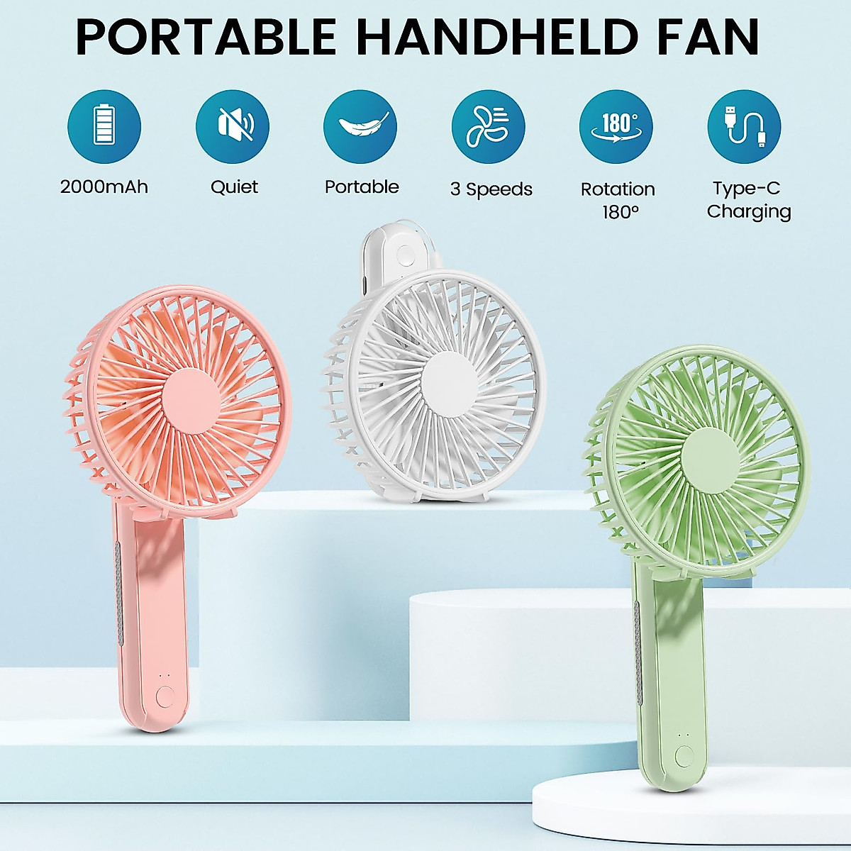 Passionbility Portable Handheld Fan - 2000mAh Personal Portable Fan Rechargeable, 180° Foldable USB Desk Fan with 3 Wind Speed, Battery Operated Fan for Travel Office Household