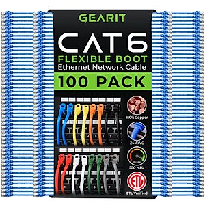 GearIT 100-Pack Cat6 Patch Cable 3 Feet Cat 6 Ethernet Cable Snagless Flexible Soft Tab - Preimum Series - Blue