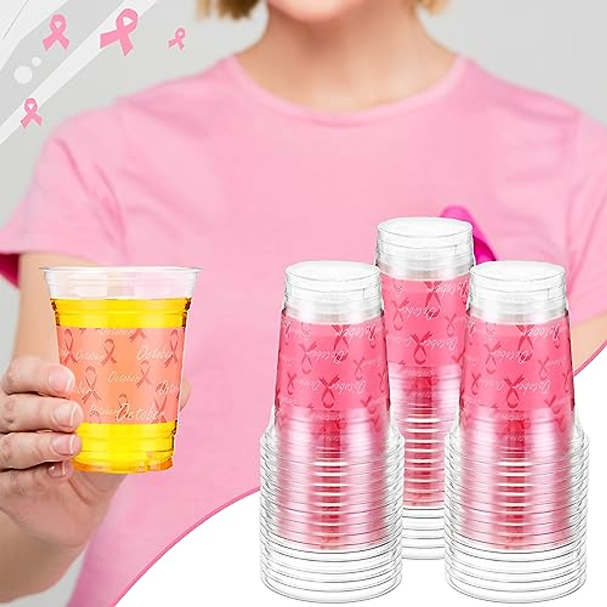 Nuenen 72 Pcs 12 oz Breast Cancer Awareness Clear Disposable Plastic Cups Pink Ribbon Breast Cancer Decorations for Believe Hope Ribbon Printed Party Drinking Cups for Tableware Supply (Pink)