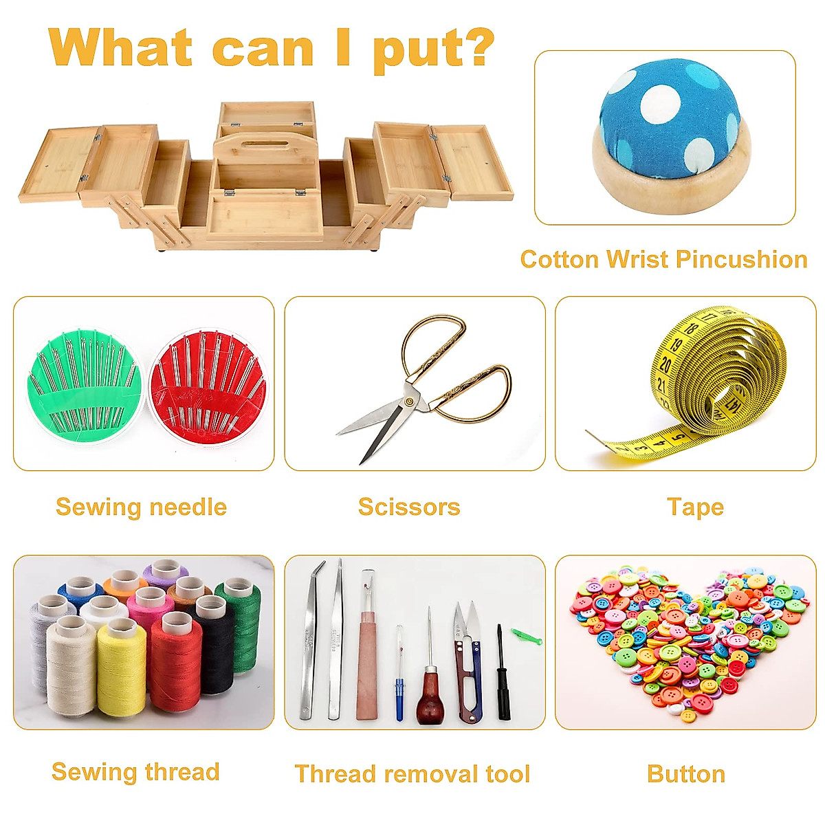 Adolfo Design Wooden Sewing Box Organizer for Sewing Supplies,Sewing Crafting Hobby Storage Box, 3 Tier Drawers for Craft Tools, Needles Assorted