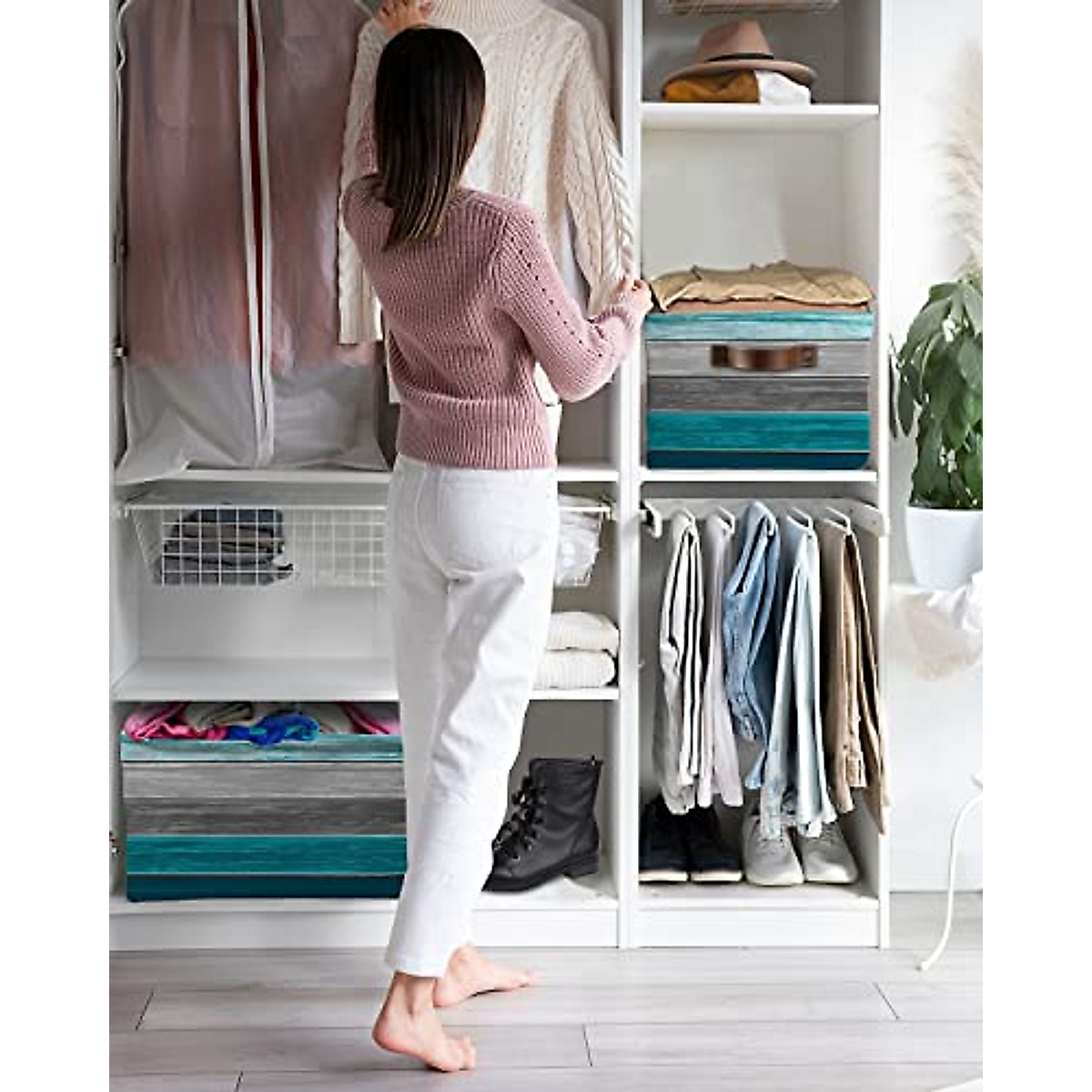 Teal Wood Board Grey Gradient Stripes Storage Bins with Handles, Barn Gray Blue Green Ombre Storage Basket for Shelves, Cube Storage Organizer Bins for Toys, Closet (1 Pack, 15" x 11" x 9.5")