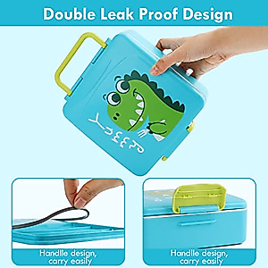 Lehoo Castle Bento Lunch Box for Kids with 4 Compartments&Sauce Jar,1.3L Large Bento Box, Lunch Containers with Spoon&Fork, Durable, Leak Proof, BPA-Free and Food-Safe Materials (Cyan)