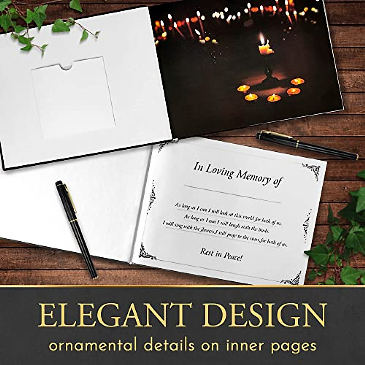 Classic Funeral Guest Book for Memorial Service, Set 4 pcs for Memorial Service, PU Golden Embossed Cover, Table Display Sign, and 2 Black Gold Gel Pen and 42 Sheets (84 Pages).