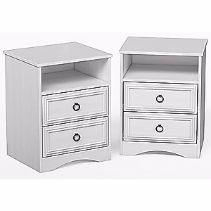 HolliWill Nightstand Set of 2, Night Stand with Drawers, Accent Bed Side Table and End Table with Open Storage for Bedroom, Living Room, White