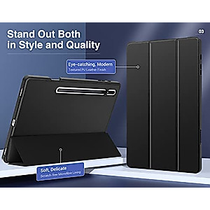 MoKo Case Fits Samsung Galaxy Tab S8 Plus 12.4 Inch 2022 (SM-X800/SM-X806) /S7 FE 2021/S7 Plus 2020, Shockproof Full Body Trifold Stand TPU Back Cover Case with Pen Holder Slot/Auto-Wake, Black