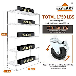 EzPeaks 5-Tier Chrome NSF Certified Storage Shelves, Heavy Duty Steel Wire Shelving Unit with Wheels and Adjustable Feet, Used as Pantry Shelf, Garage or Bakers Rack Kitchen Shelving (18"DX48"WX72"H)