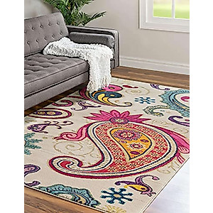 Unique Loom Estrella Collection Colorful, Paisley, Floral, Abstract, Modern Area Rug, 5 x 8 ft, Beige/Pink