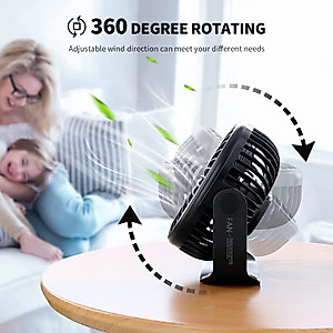SMARTDEVIL Small Rechargeable Desk Fan, 3 Speeds 2000mAh Portable Personal Battery Operated Desktop Fan with Pasteable Hook, Dual 360° Adjustment Quiet Table Fan, for Home Office Outdoor (Black)