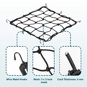2Pack15.7 x15.7 Cargo Net, Made of Rubber Heavy Duty Bungee Net Stretches to 31.5"x31.5", Gear Helmet Luggage Thicken Netting with 3"x3" Small Mesh &6Adjustable Metal Hooks for Motorcycle, Bike, ATV