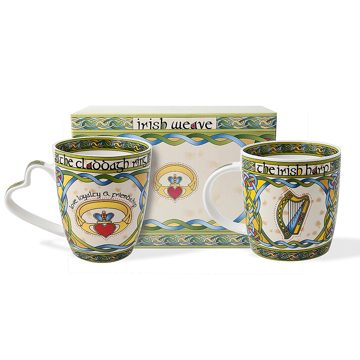 Royal Tara Irish Bone China Cup Set(Irish Claddagh and Harp) in a matching Gift Box from the Irish Weave Collection