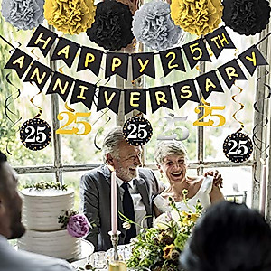 25th Anniversary Party Decorations Kit - Gold Glitter Happy 25th Anniversary Banner, 9Pcs Sparkling 25 Hanging Swirl, 6Pcs Poms - for 25th Wedding Anniversary Party Decorations
