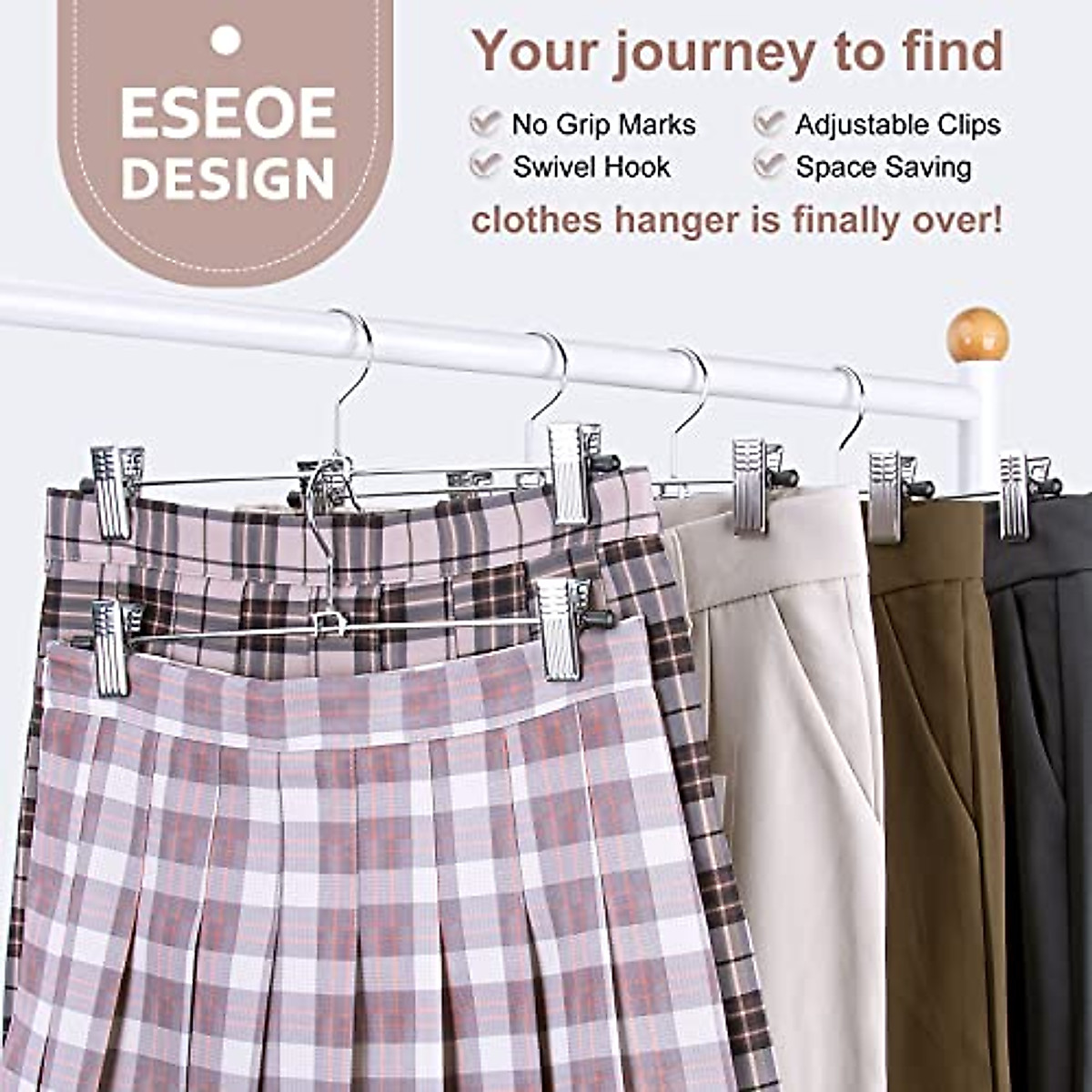 ESEOE Pants Hangers with Clips, Pants Hangers Space Saving, Non Slip Adjustable Clip Skirt Hangers, Metal Adult Kids Hangers for Closet Skirt Shorts Trouser Leggings (20 Pack)