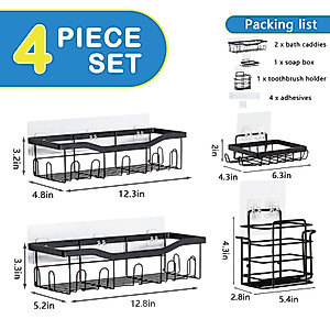 ChicChicHomes Shower Caddy 4 Pack, No Drilling Adhesive Wall Mounted Shower Organizer for Bathroom Storage&Kitchen, Large Capacity Rustproof Stainless Steel Shower Shelf, Ruggedized, Black