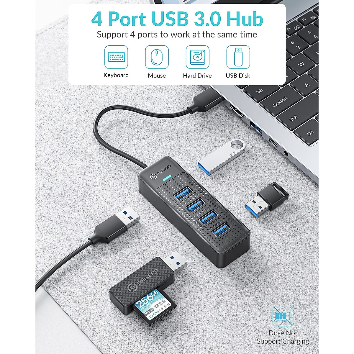 USB Hub, PHIXERO 4-Port 3.0 Hub Multi Port Expander, Fast Data Transfer Splitter for Laptop, Compatible with All Device