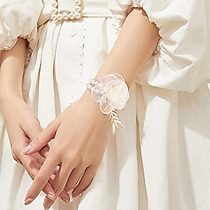 CIEHER 2 Pieces Pearl Wrist Corsage Elastic Bands Wristlets Flower Corsage Wristlet Stretch Pearl Wedding Wristband Faux Pearl Bead Corsage Accessories Bracelets for Wedding Party Prom Bride Bridesmaid Handmade Flower Rhinestones Wrist Corsage