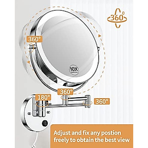 Gospire 9” Wall Mounted Lighted Makeup Vanity Mirror with 3 Color Lights & Stepless Dimming, 1X/10X Magnifying LED Double Sided Bathroom Touch Sensor Extendable Arm 360° Swivel Shaving Cosmetic Mirror