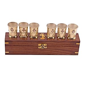 Brass Tequila Shot Glass with Anchor Monogram in Handmade Wooden Box – Six Glass Set