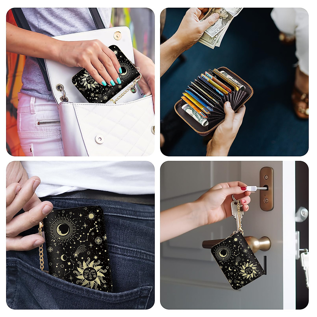 Yonlevres Credit Card Holder RFID Wallet, Astrological Sun Moon Small Card Holder Wallet for Women with Keychain Zipper, Leather Print Credit Card Case Organizer Accordion Gift