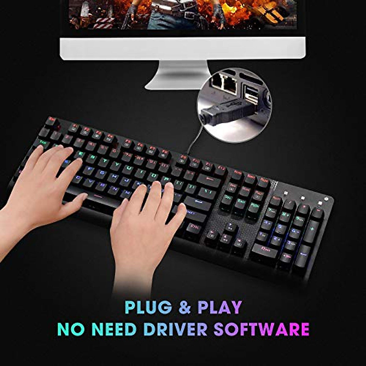 E-YOOSO Mechanical Keyboard K600 Blue Switches 104 Keys Gaming Keyboard 9 Modes LED Backlit Rainbow USB Wired Keyboard for Desktop Computer Laptop Windows PC