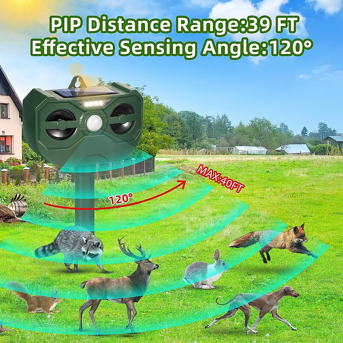 2 Pack Ultrasonic Solar Animal Repellent Outdoor Deer Repellent Waterproof Animal Deterrent Adjustable Frequency Flashing Lights, Animal Repeller Keep Cat Fox Squirrel Skunk Raccoon Out of Yard