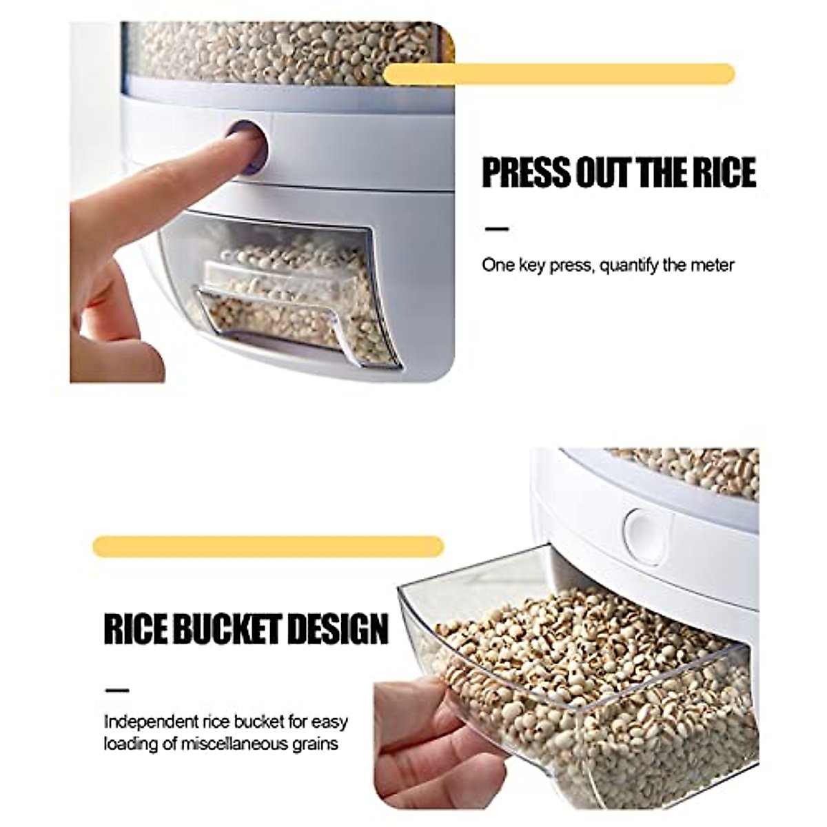 XBWEI 6-Grid Rotating Rice Dispenser Rice Storage Bucket Rice and Grain Storage Container -Click Rice Output