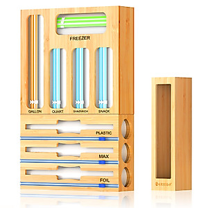 9 IN 1 Storage Bag Organizer for Kitchen Drawer, Bamboo Foil and Plastic Wrap with Cutter, Kitchen Organizers and Storage, Compatible with Gallon, Quart, Sandwich and Snack Variety Size Bag