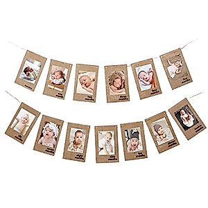 1st Baby Birthday Photo Banner from Newborn to 12 Months, Monthly Milestone Photograph Rustic Burlap Bunting Garland for Baby First Birthday Baby Shower Decoration