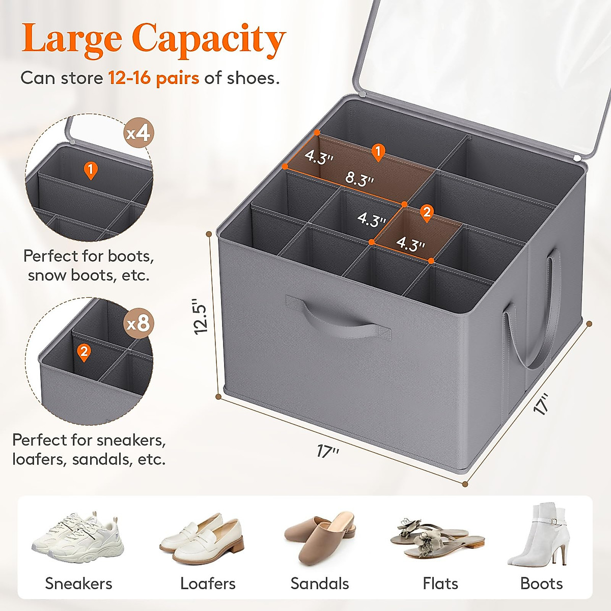 Lifewit Shoe Storage Organizer for Closet, Fits 12-16 Pairs, Large Shoe Box Storage Containers with Clear Cover and Reinforced Handles, Foldable Storage Bins Fits for Boots Heels Sneakers, 2 Pack Gray