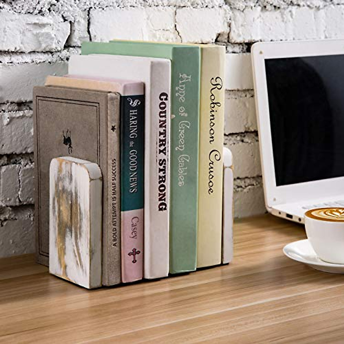 MyGift Vintage Whitewashed Wood Office Desktop Bookends, 1 Pair