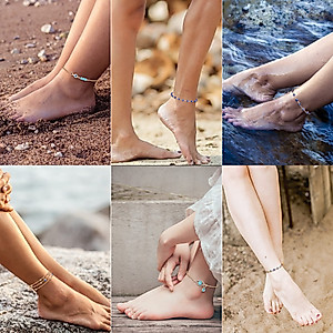 FIBO STEEL 6Pcs Evil Eye Anklets for Women Waterproof 14K Gold Plated Non Tarnish Adjustable Dainty Layered Summer Beach Jewelry Gifts