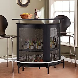 JOMEED Bar Table with Storage, High Top Table with Metal Mesh Front, Goblet Holders and Footrest, Semi Cylindrical Shape Black Liquor Bar for Home
