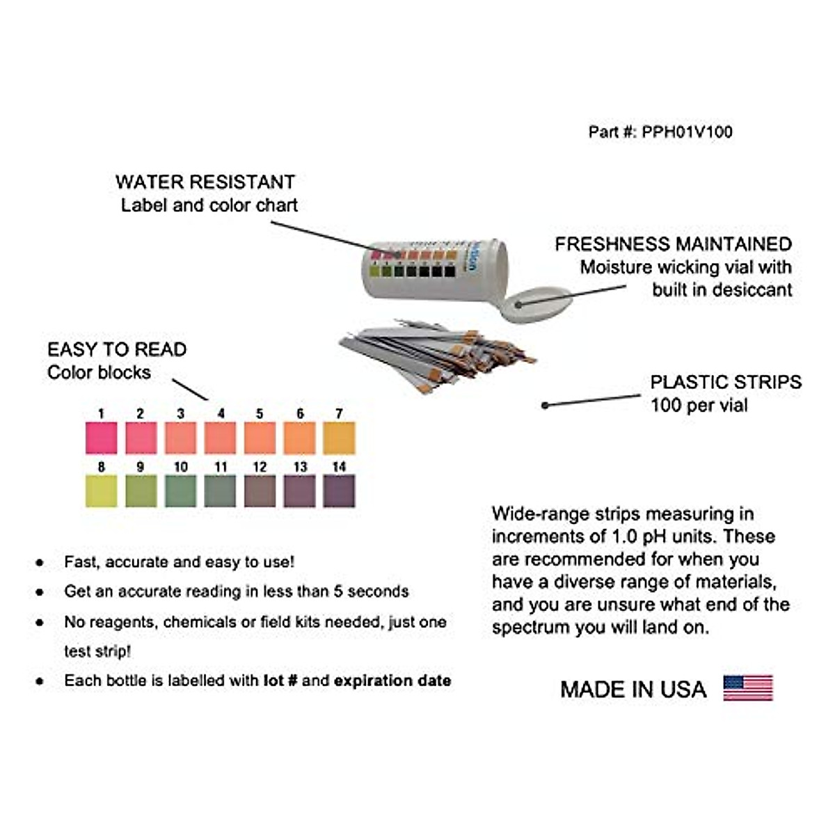 pH 1-14 Wide Range Test Strips [Moisture-Proof Vial of 100 Strips] Made in USA