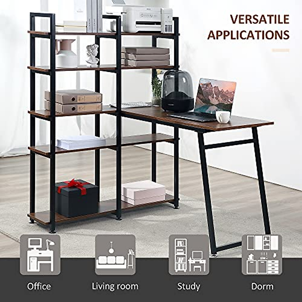 HOMCOM 5 Tier Versatile L-Shaped Computer Desk, Writing Table with Display Shelves and Metal Frame, Space-Saving for Study, Home Office, Walnut