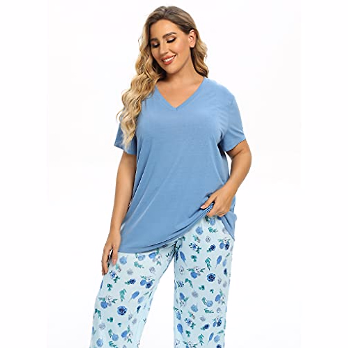 Vozanet Women's V Neck Sexy Pajama Sets Capri Sleepwear Floral Elegant Nighty 2PCS Plus Size S-3XL, Florals-Blue, XXX-Large