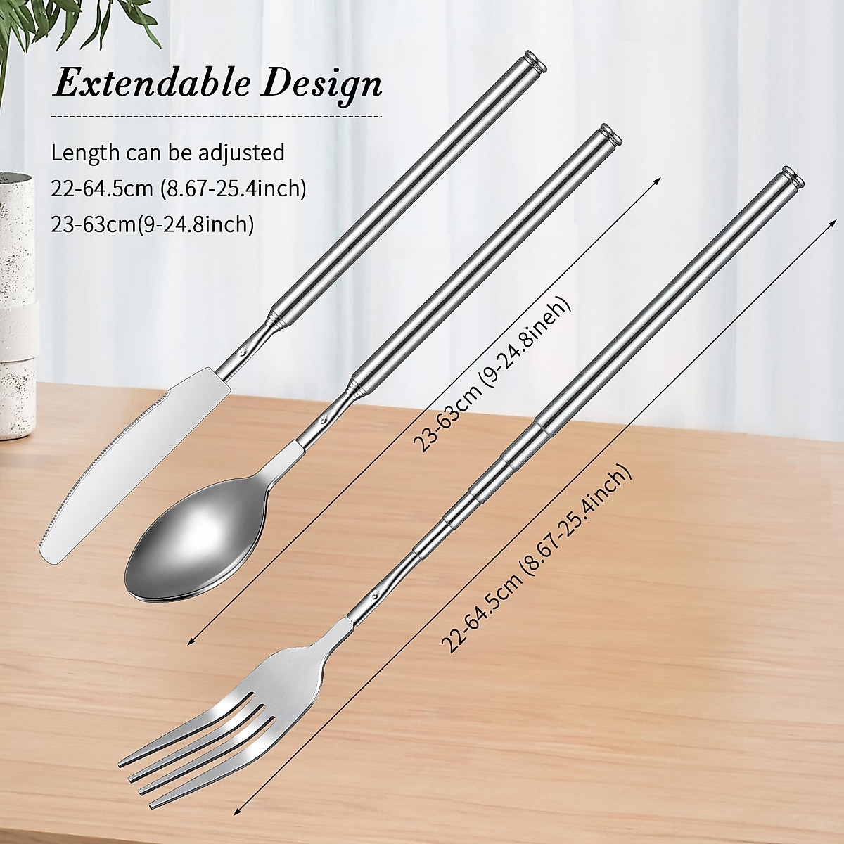 Geetery 3 Pcs Telescopic Spoon Fork knife Set Extendable Fork knife Spoon Stainless Steel Dinner Extend to 25 Inch Anti Rust Fruit Dessert Long Handle Fork Cutlery Set for Barbecue Toasting Dinner