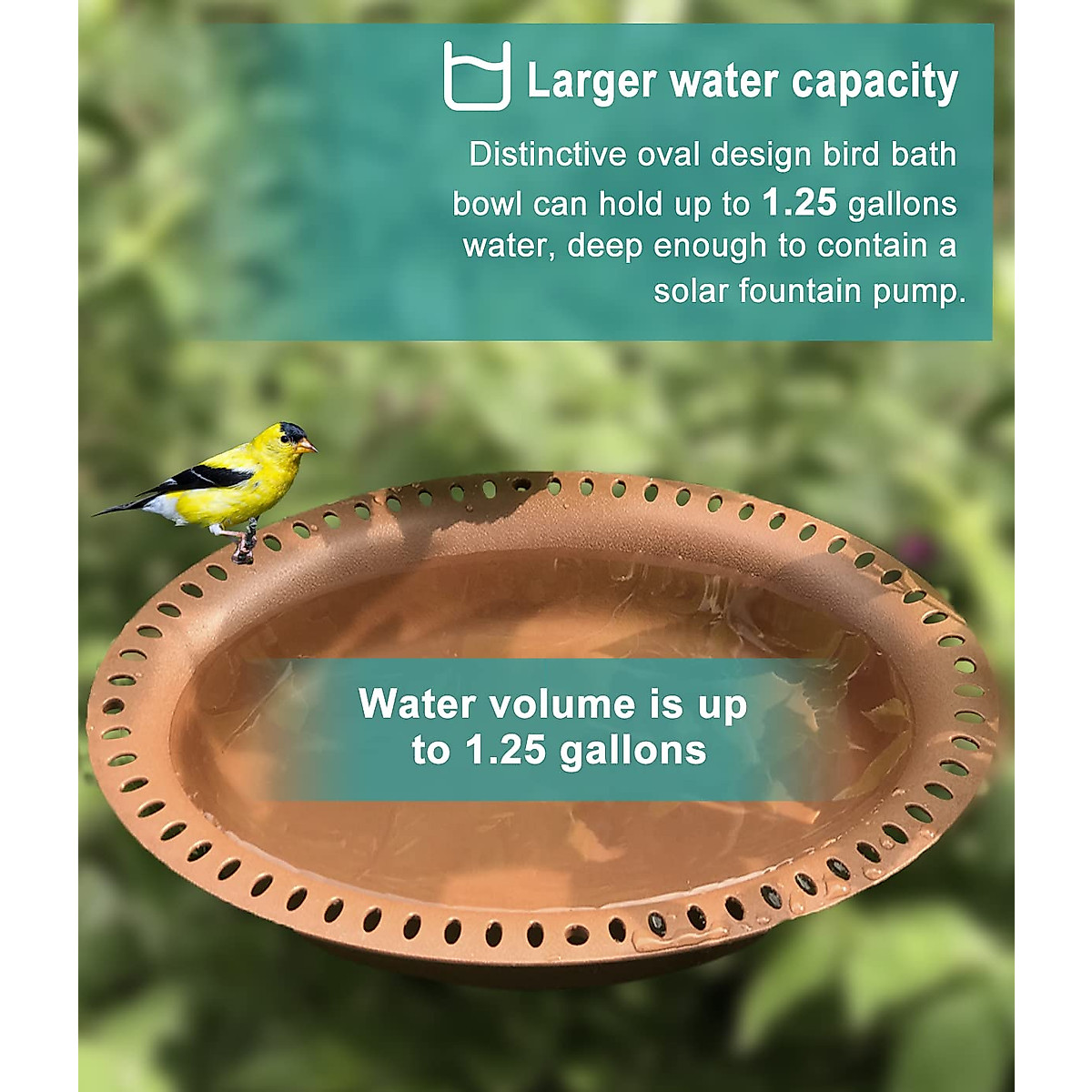 Garbuildman Extra-Large Freestanding Birdbaths Bowl, Detachable Decoration Spa with Metal Stake Stand & Birdfeeder for Outdoor Garden, Oval Style, Chocolate