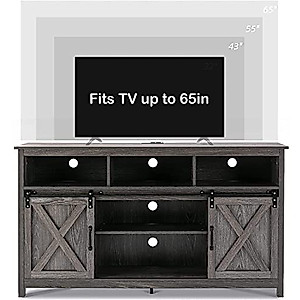 Vinctik 6&Fox 57” Wooden Farmhouse TV Stand for 60/65 inch TV,Double Layer Storage Entertainment Center TV Console Table,w Double-Row Sockets and 2 Sliding Barn Door,Media Cable Box(Grey Wash)