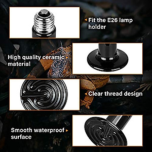 Simple Deluxe 25W 1-Pack Ceramic Heat Emitter Reptile Heat Lamp Bulb No Light Emitting Brooder Coop Heater for Amphibian Pet & Incubating Chicken, Black