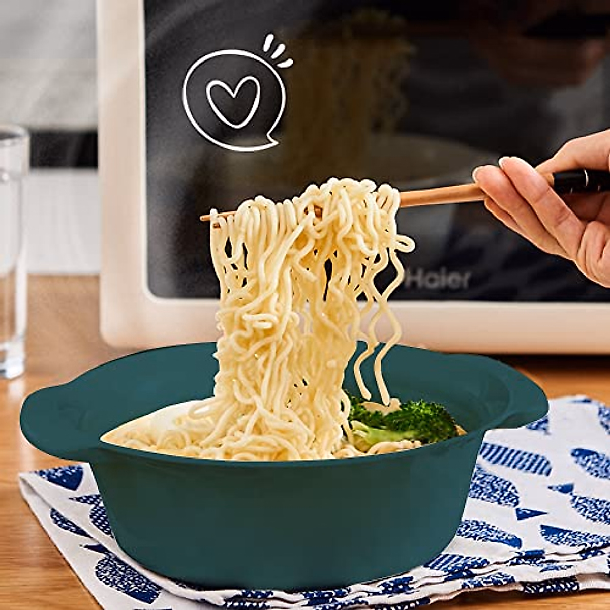 Microwave Safe Ramen Cooker, Ramen Noodle Bowl Easy Mac, Microwave Pasta Ramen Noodle Cooker Bowls with Lids Ideal for Dorm Room Essentials Girls Boys, Dishwasher & Microwave Safe (Medium, Dk.Green)