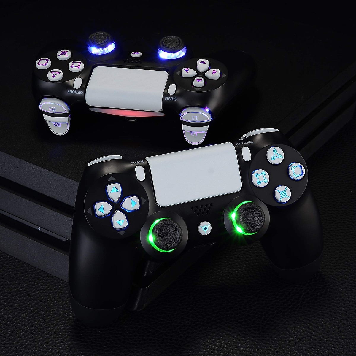 eXtremeRate 7 Colors 9 Modes Button Control DTFS (DTF 2.0) LED Kit, Scarlet Red Classical Symbols Multi-Colors Luminated D-pad Thumbsticks Face Buttons for PS4 Controller - Controller NOT Included