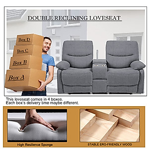 B BAIJIAWEI Double Reclining Loveseat - Fabric Home Theater Seating with Console - 2 Seater Manual Reclining Couch for Living Room, Office (Fabric- Light Grey)